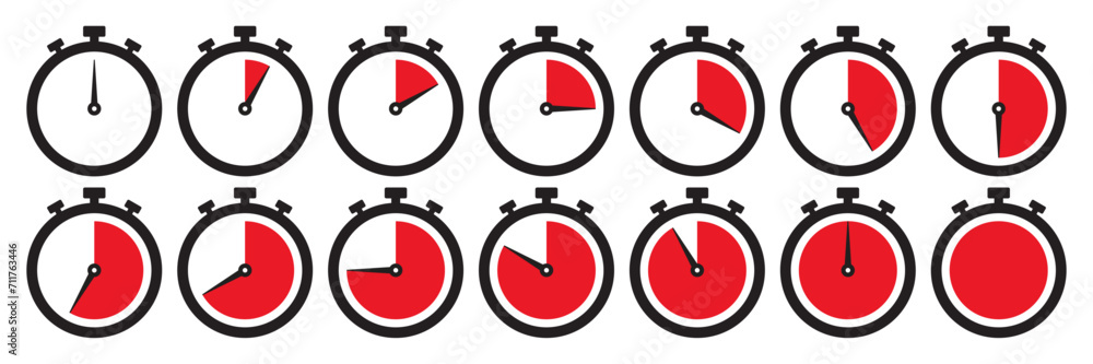 Clock icon set in red color. Stopwatch symbol set. Countdown clock ...