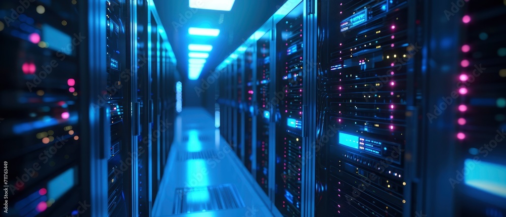 Envision a visually captivating server room, Rows of high-tech servers ...