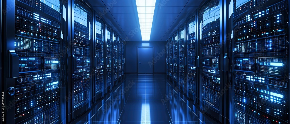 Server racks in server room data center, Rackmount LED console in ...