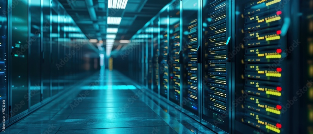 Envision a visually captivating server room, Rows of high-tech servers ...