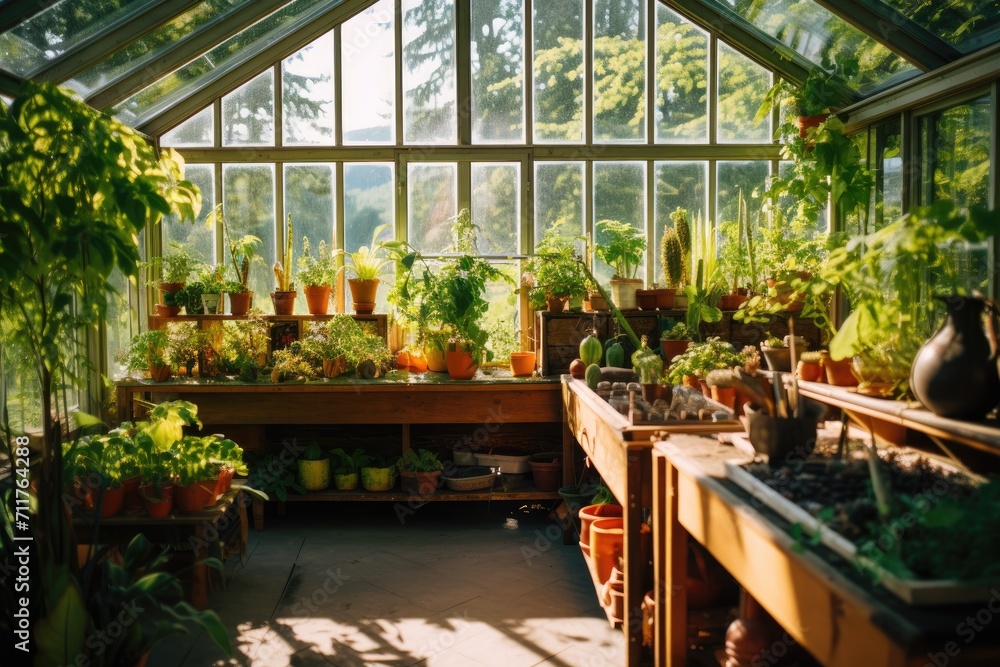 A thriving greenhouse filled with a diverse collection of potted plants ...