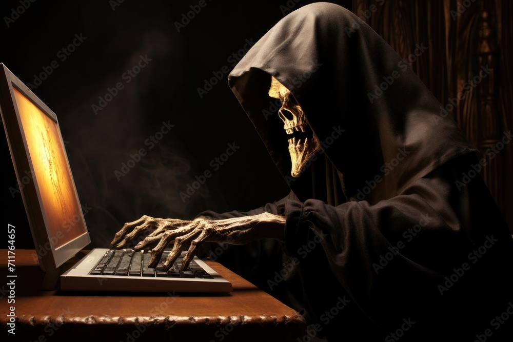 An image of a skeleton typing on a laptop computer, showcasing the mysterious connection between ...