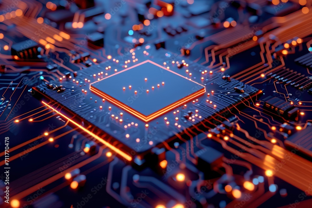 Close-up of a computer motherboard with a CPU socket. The CPU is a ...