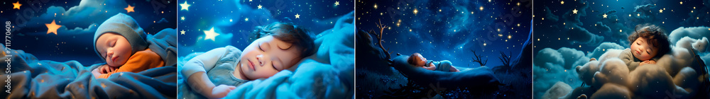A peaceful and serene image of a child sleeping under a starry night ...