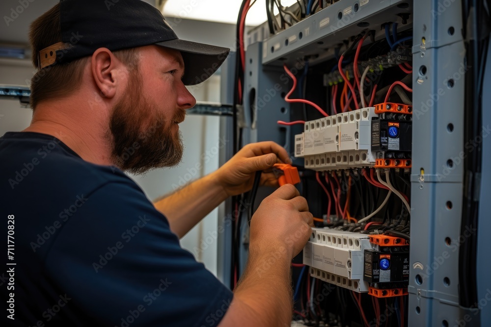Man Working on Switch Box in Building, Electrical Maintenance, Repair ...
