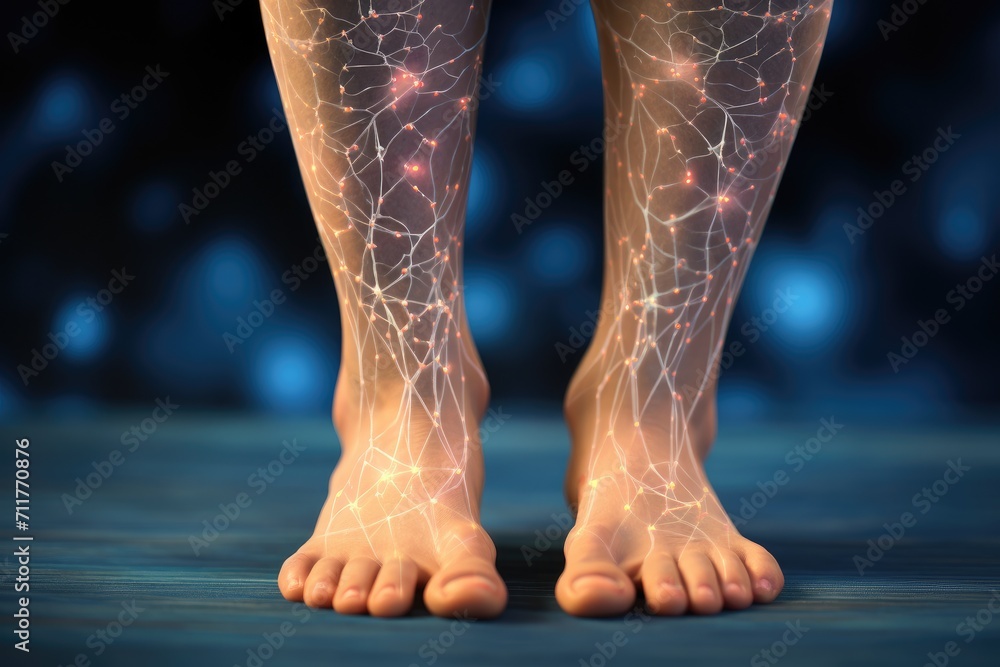 A detailed view of a persons legs and feet as they walk along a busy ...