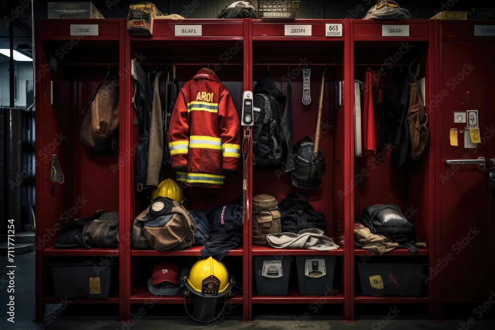 Foto de An image of a firemans uniform and helmet stored in a locker ...