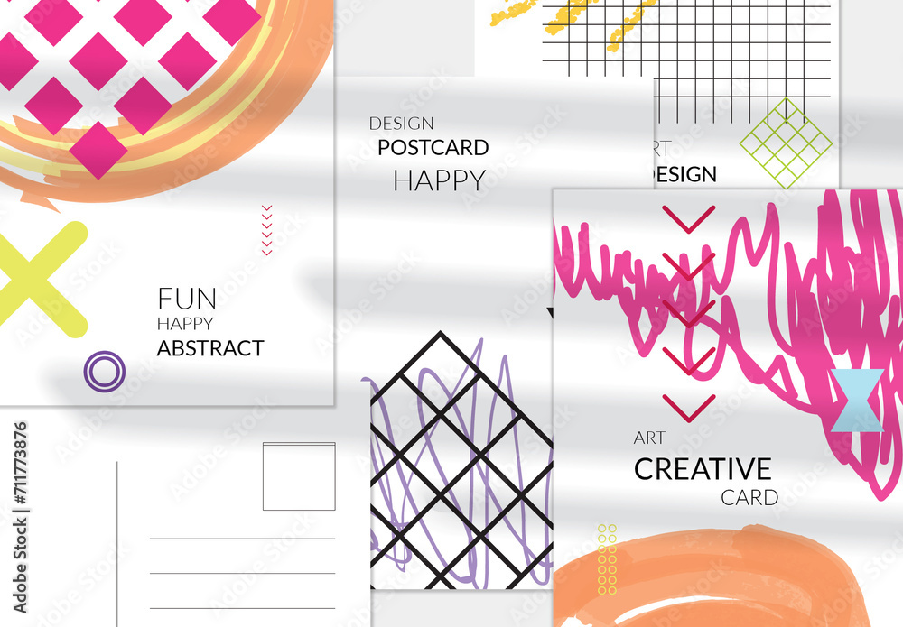 Postcard Layout with Hand Drawn Abstract Floral Doodles and Geometric ...