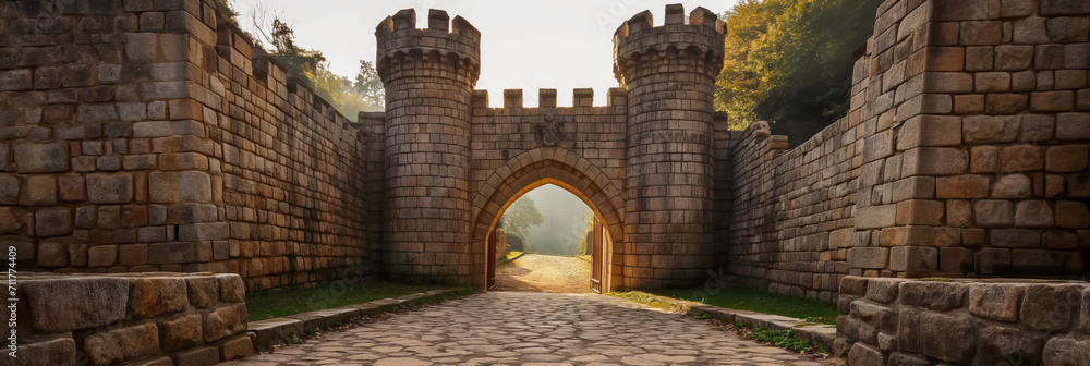 Ilustrace „Ancient castle. Medieval castle door gate and walls. Castle ...