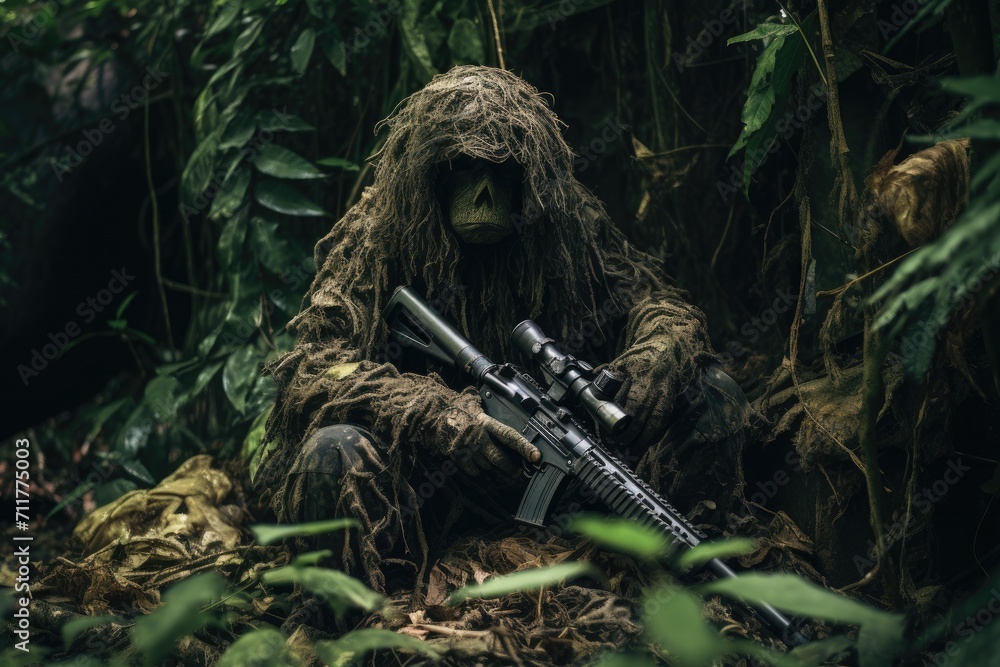 An image depicting a lone man carrying a rifle in the dense and vibrant jungle environment ...