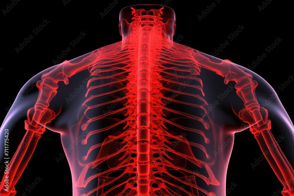 An image showing the red highlighted back of a mans body, human spine ...