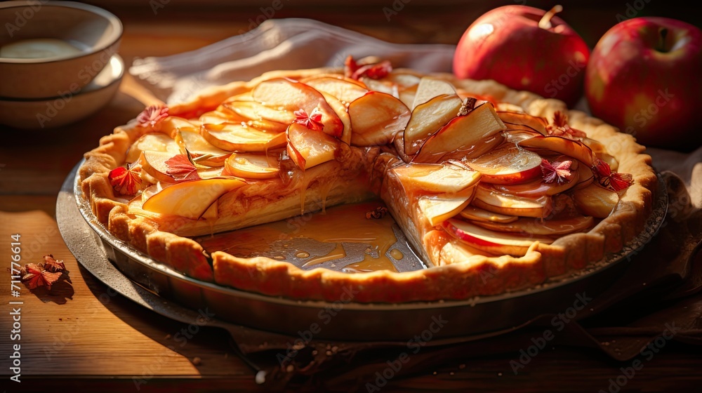 Apple pie, texture of apple pie crust and juicy sliced apples. Details ...