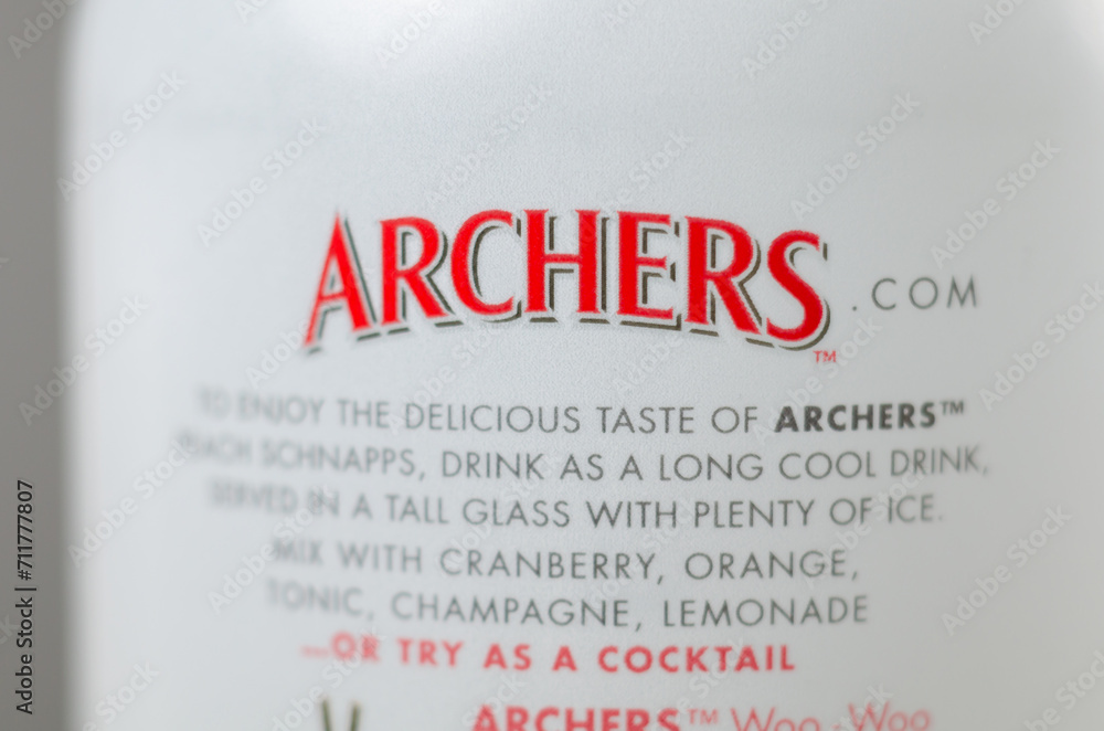 LONDON, UK - JANUARY 16, 2024 Archers Peach Schnapps peach-flavored ...