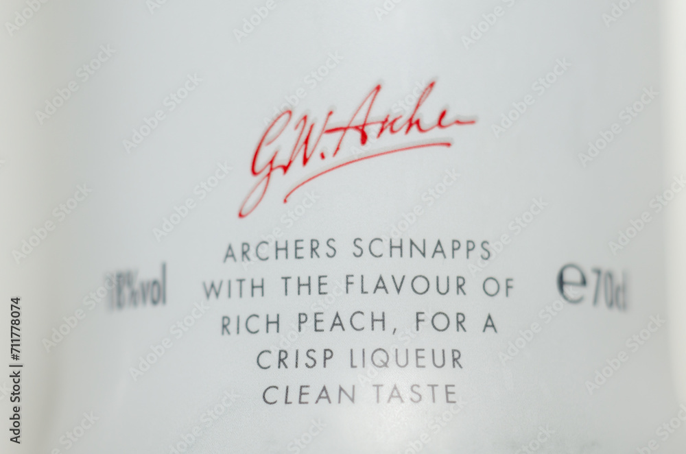 LONDON, UK - JANUARY 16, 2024 Archers Peach Schnapps peach-flavored ...