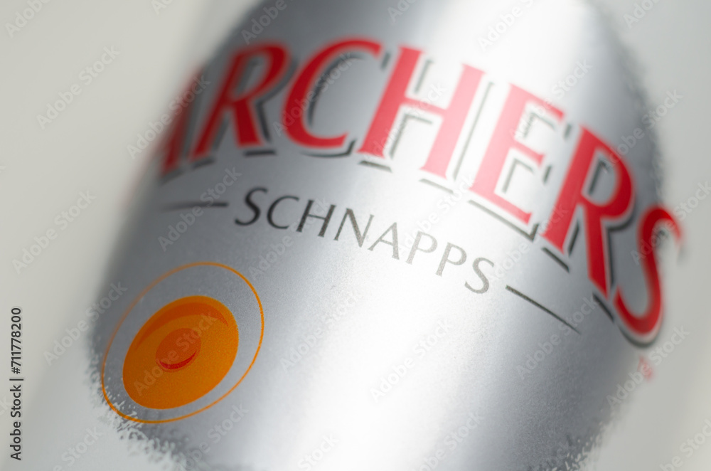 LONDON, UK - JANUARY 16, 2024 Archers Peach Schnapps peach-flavored ...