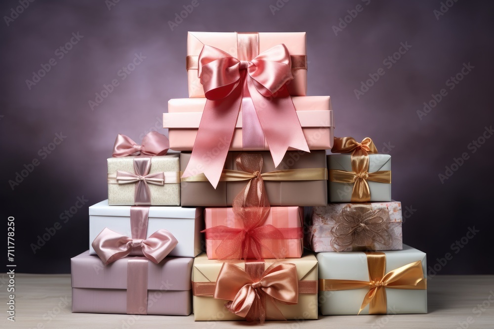 A colorful stack of beautifully wrapped presents tied with pink bows ...
