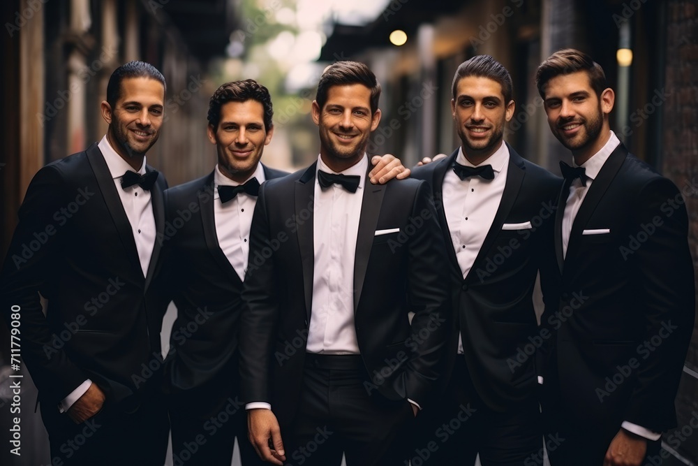 A group of elegantly dressed men in formal tuxedos arranged themselves ...
