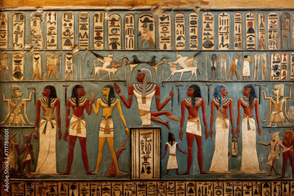 Paintings Depicting Ancient Egyptian Scenes on Wall of Temples and Tombs, Hieroglyphics ...