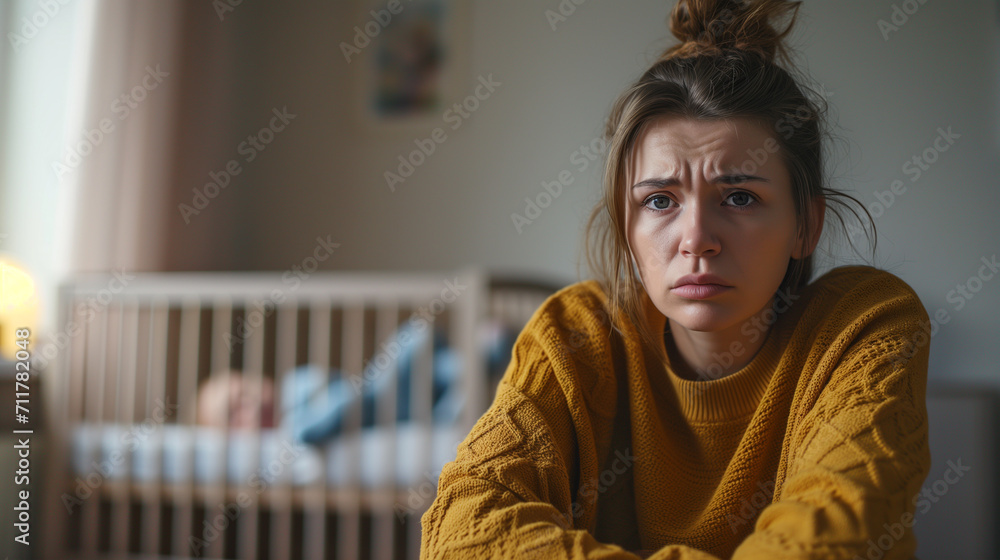 A Depressed Woman With Postpartum Syndrome A Girl In A Mustard colored a-depressed-woman-with-postpartum-syndrome-a-girl-in-a-mustard-colored