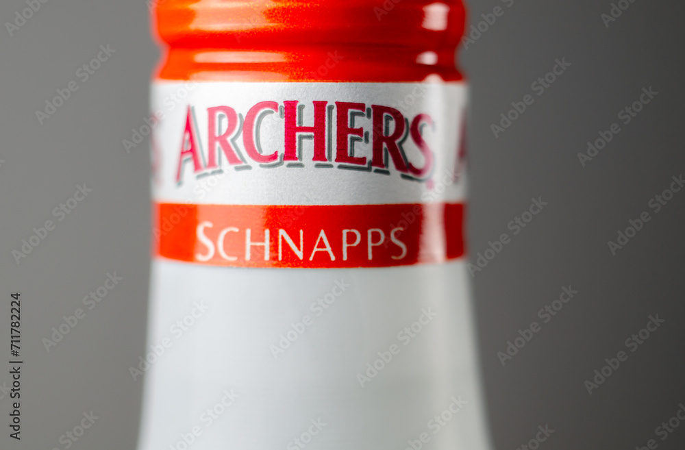 LONDON, UK - JANUARY 16, 2024 Archers Peach Schnapps peach-flavored ...