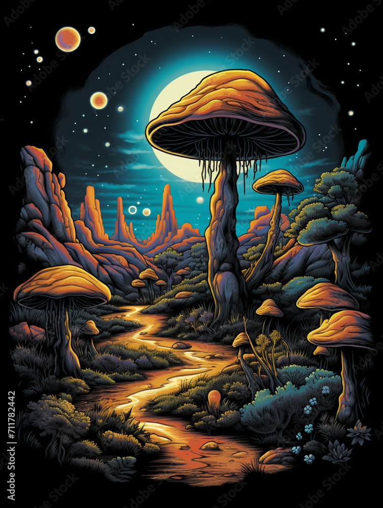 T-shirt design, a surrealist landscape of a moonlit desert with giant mushrooms instead of cacti ...