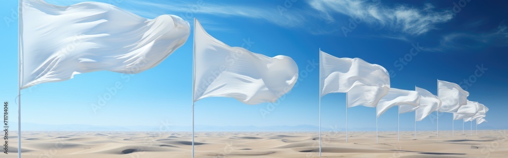 Mockup of white flags against a blue sky background. A mockup of a ...