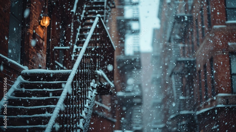 Snowbound Alleys, Close-Up of Fire Escape Stairs Laden with Snow, Old ...