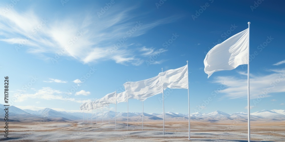 Mockup of white flags against a blue sky background. A mockup of a ...