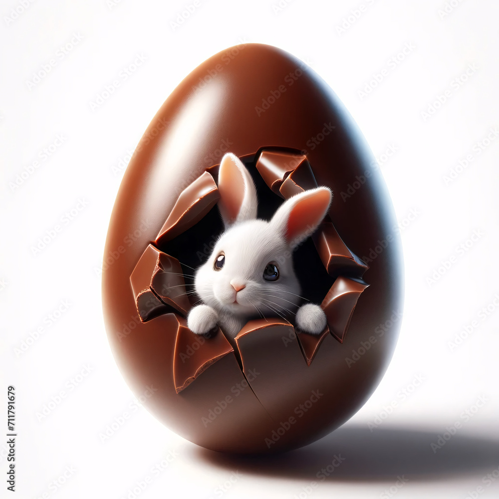 Adorable lapin blanc, drôle dans un œuf en chocolat, peint et coloré ...