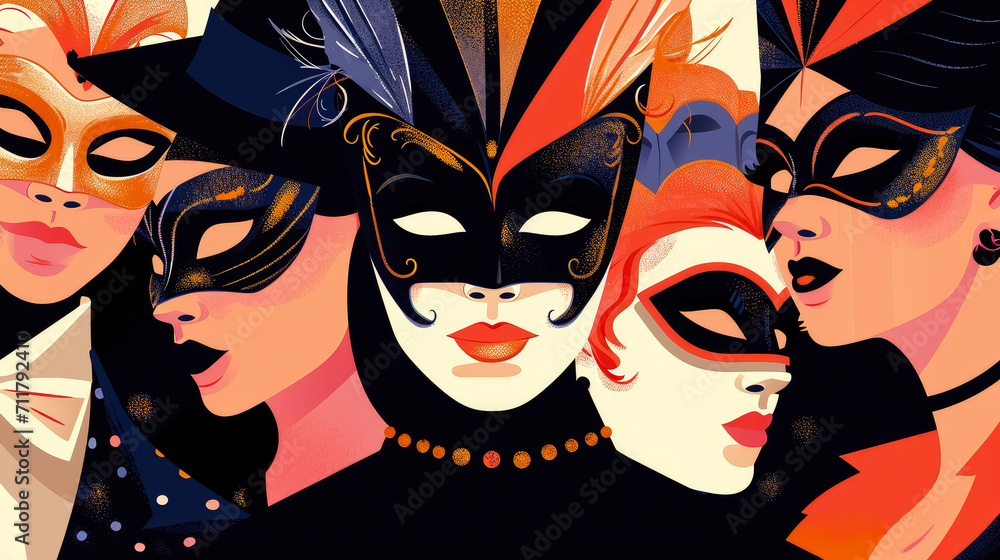 Group of women wearing festive masquerade masks. Carnival Concept and ...