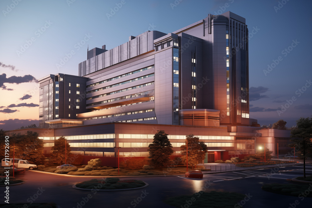 Hospital building by night. Care center. Building in the medical field ...