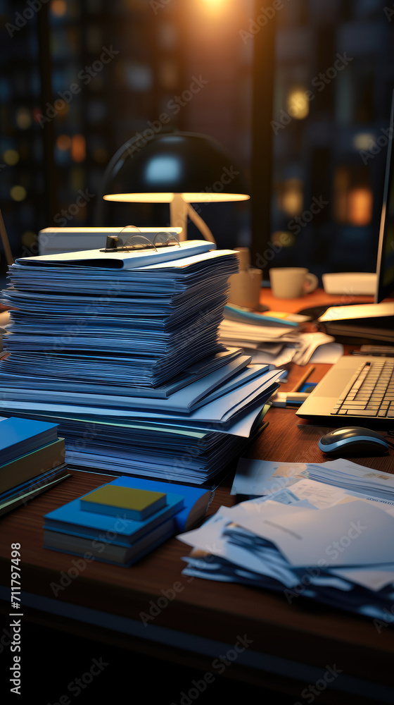 Desk in the Office is Littered with Folders and Files with Work. Night ...