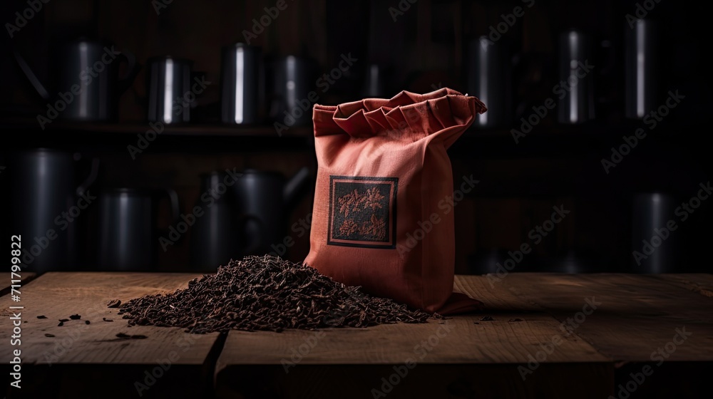 the sale of black tea in a big bag at the market, contemporary ...