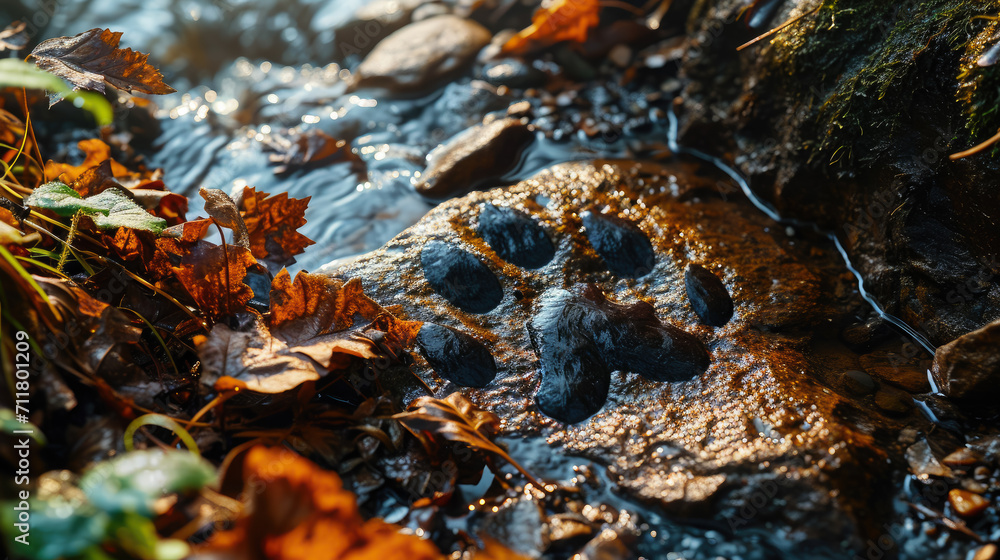 Animal paw print on the ground, exotic plant leaves, wildlife day ...