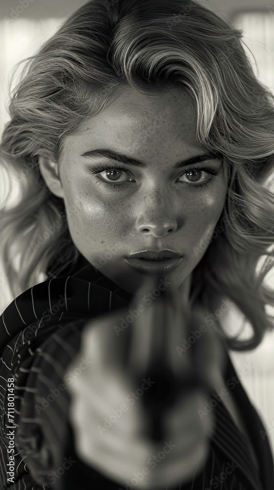 A beautiful 1940s woman pointing a gun at the camera. A fatal blonde ...