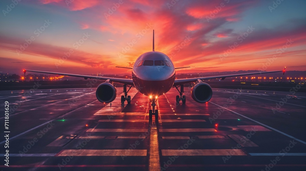 Commercial airplane on the runway at sunset with vivid red and purple ...