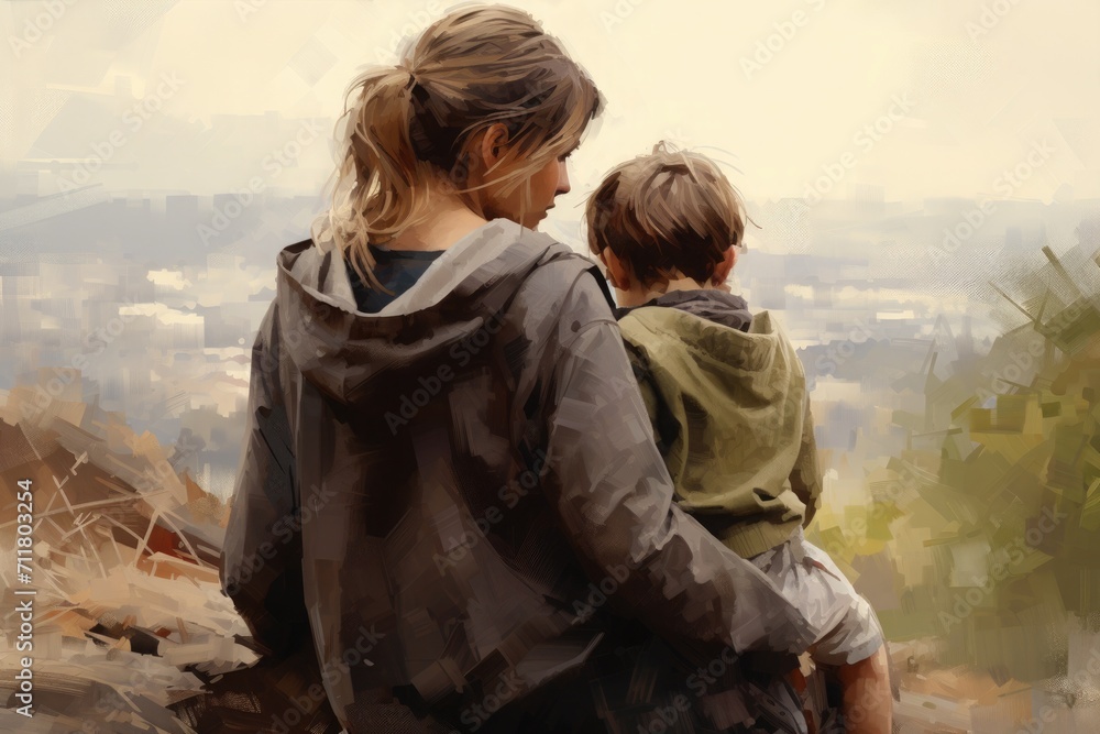 Portrait of sad poor young mother hugging small child, poverty concept ...