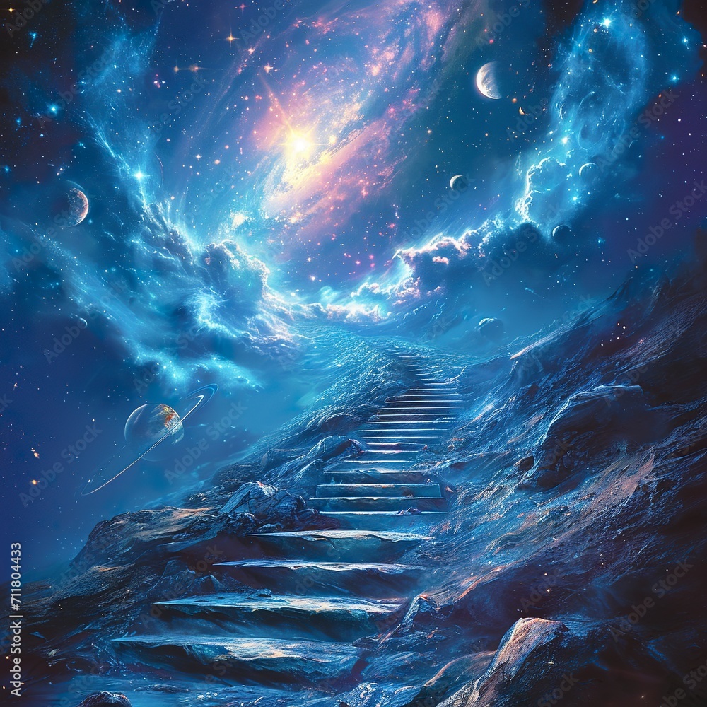A fantasy illustration of a magical staircase of comets towards ...