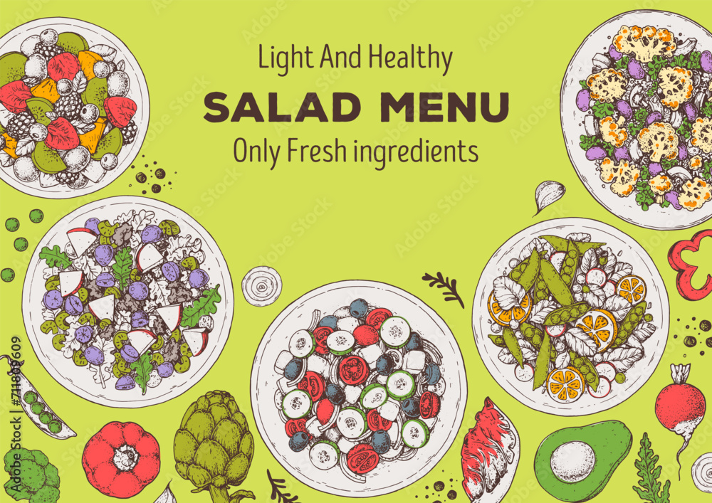 Hand drawn salads. Food top view vector illustration. Healthy eating ...