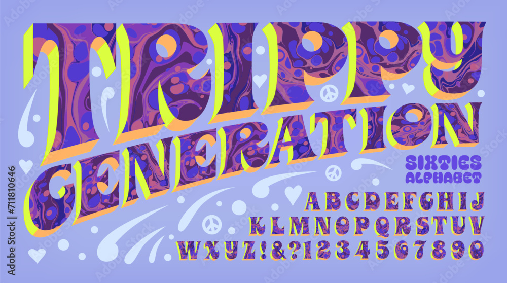 Trippy Generation, a retro 1960s hippie art alphabet design with a ...
