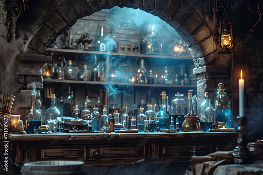 A dark and mysterious wizard laboratory filled with magical ingredients ...