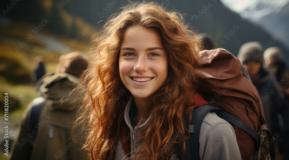 A joyful woman embraces the chilly mountain air, her fiery red locks ...