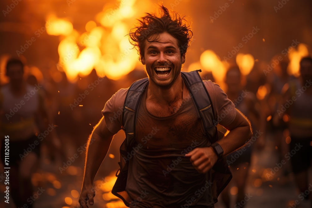 A frantic man races through the flames, his face contorted in fear and ...