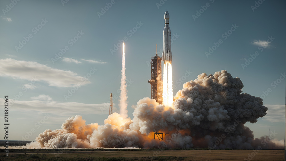 Space rocket or space shuttle take off from ramp. Space exploration and ...