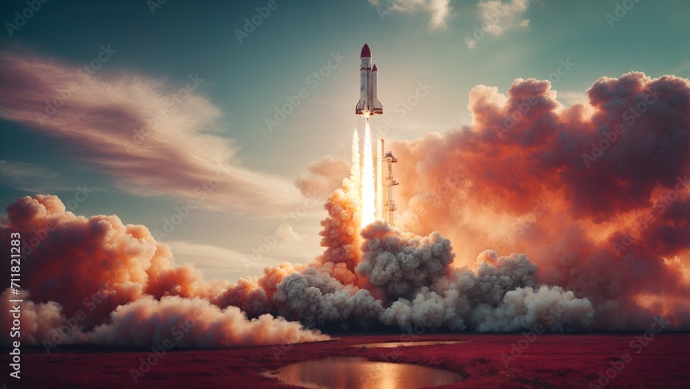 Space rocket or space shuttle take off from ramp. Space exploration and ...