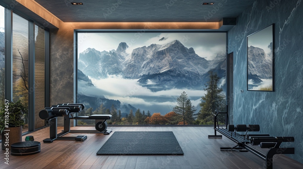 Elevate your home gym with an inspiring mural of a serene mountain ...