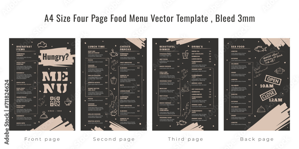 Restaurant cafe menu, template design, A4 size four page food menu ...