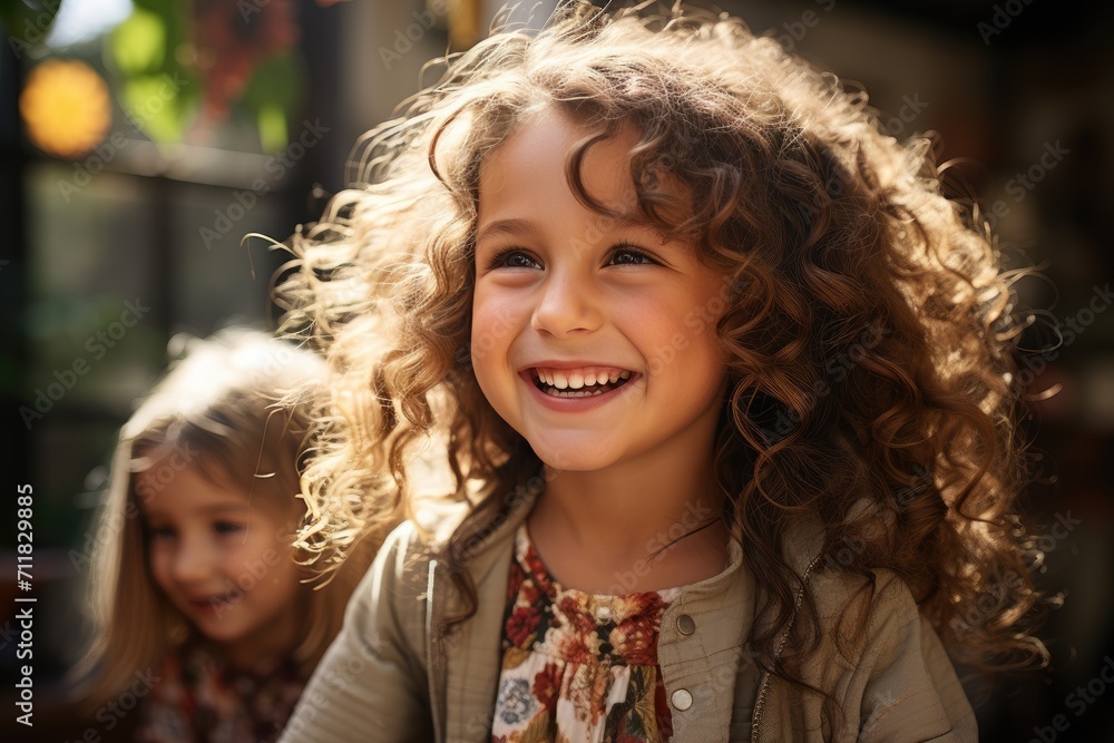 A young girl radiates pure joy as her feathered curls frame her beaming ...