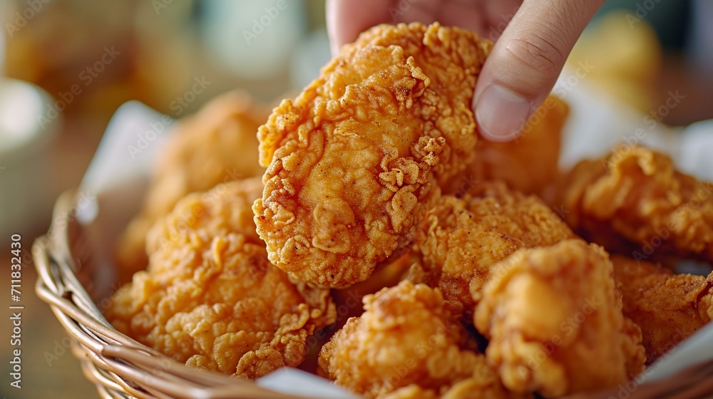 Dynamic shot capturing a hand reaching for a crispy and golden chicken ...