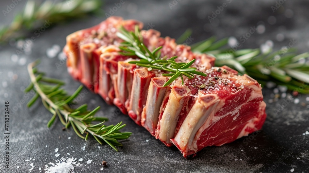 Stylish presentation of a whole rack of lamb, expertly trimmed and ...